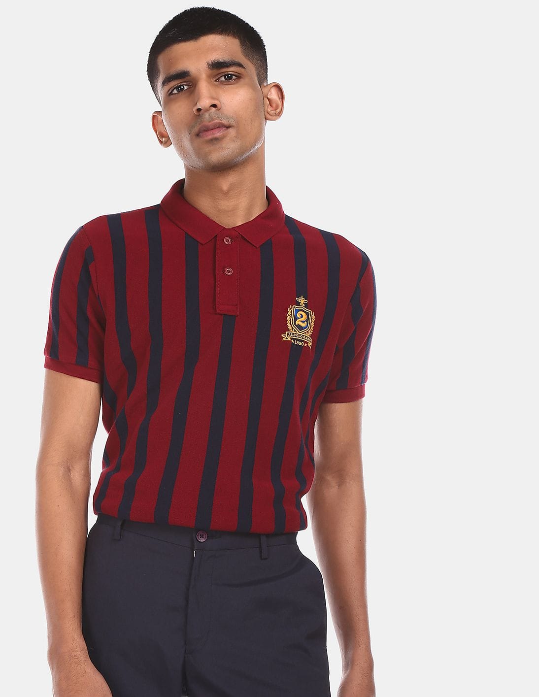 Buy U.S. Polo Assn. Men Maroon And Navy Stripe Cotton Pique Polo Shirt ...